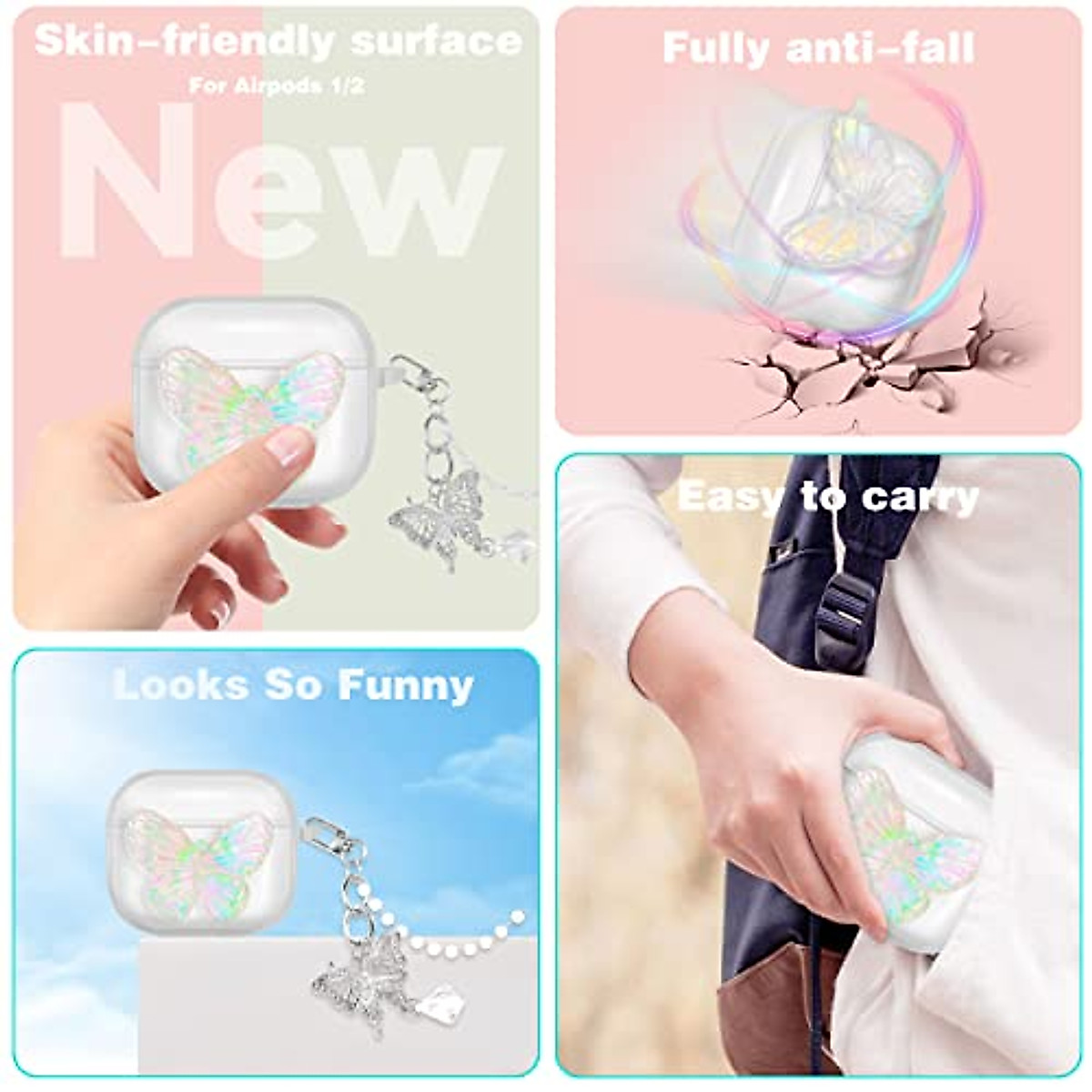 JoySolar Clear Butterfly Girls Case for AirPod 3 (2021) Aesthetic Cute Glitter TPU Cases Women Girly for AirPods 3rd Generation Cover Pretty Design Bling Shiny Stylish with Keychain for Air Pods 3