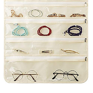 SPIKG 56 Pockets Dual Sided Jewelry Hanging Organizer Oxford Storage Bag with Zipper Hanger (Beige)
