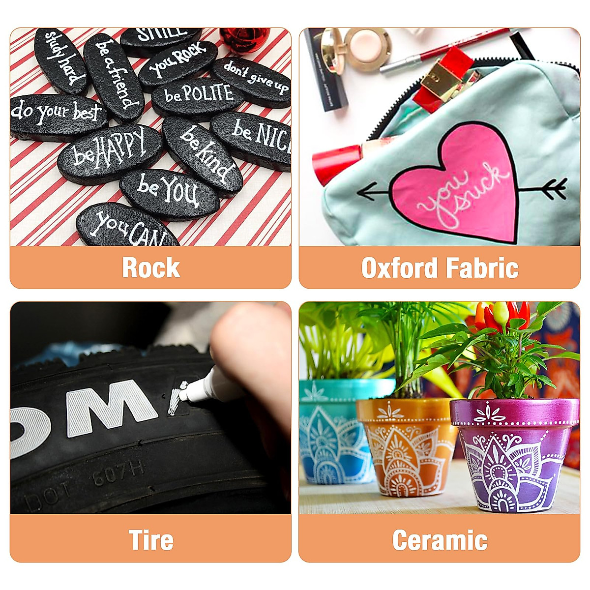 DAPAWIN White Permanent Marker Waterproof - 8 White Paint Markers for Metal Surfaces Tire Black Paper Wood Plastic Rocks Fabric, White Marker Permanent, Oil Based Paint Markers White Medium Tip