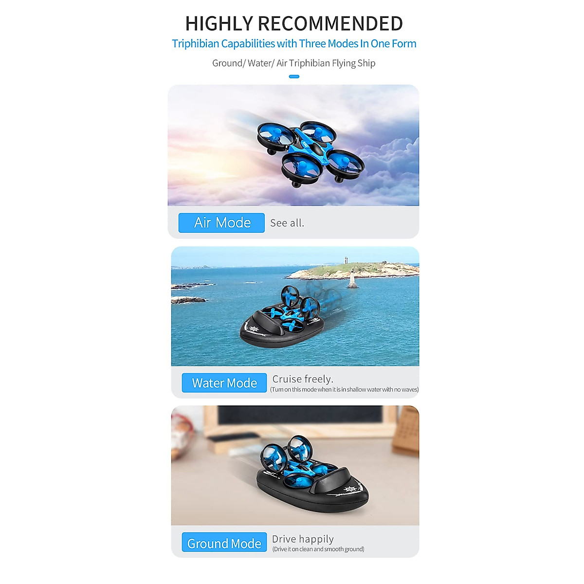 AIROKA H36F Mini Drone for Kid 2.4G Headless Mode 3 in 1 Sea Land Air Flight 4-Axis Quadcopter Boat RC Helicopter for Boys and Girls