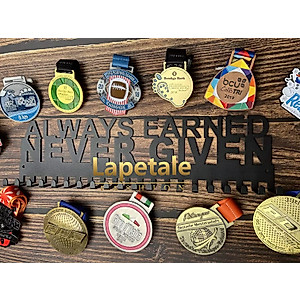 Lapetale Fashion Always Earned Never Given Medal Holder Hanger Display Rack Award Ribbon Organizer for Race,Running,Soccer,Gymnastic,Wrest
