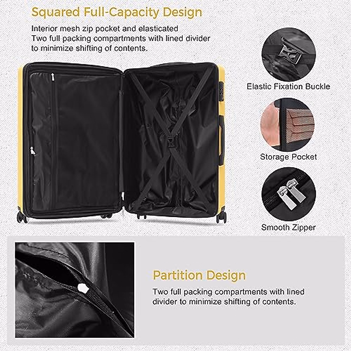 Merax 3 Pcs Expandable ABS Hardshell Luggage Sets with Spinner Wheel Suitcase TSA Lock Suit Case, Yellow, (20/24/28)