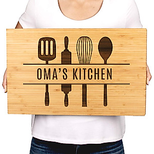 Andaz Press Large Bamboo Wood Cutting Board Gift, 17.75 x 11-inch, Oma's Kitchen, Utensils Graphic, 1-Pack, Laser Engraved Serving Chopping Board Christmas Birthday Chef Kitchen Ideas