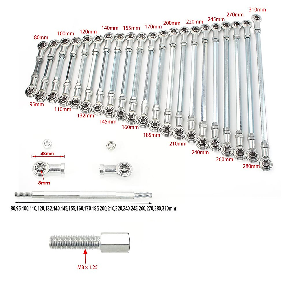 LIRU 280mm Steering Tie Rod kit Ball Joint M8 Ball Joiner Bolt Tie Rod for 50cc 70cc 90cc 110cc 125cc 200cc 250cc Quad Dirt Bike ATV Go Kart