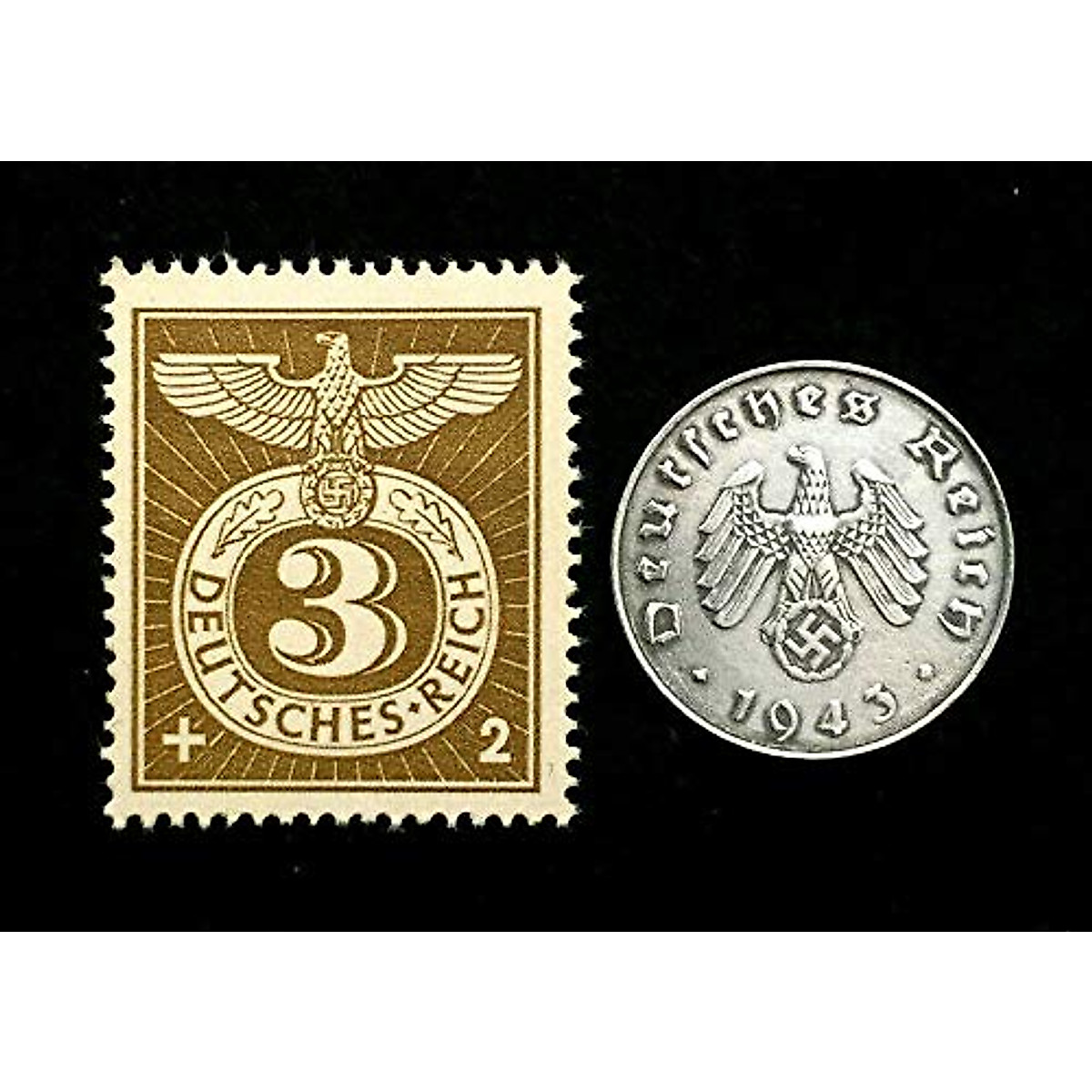 DE 1943 Old WWII German War Ten Rp Coin & RAREST 3pf Brown Stamp World War 2 Artifacts Superb Gem Uncirculated Stamp