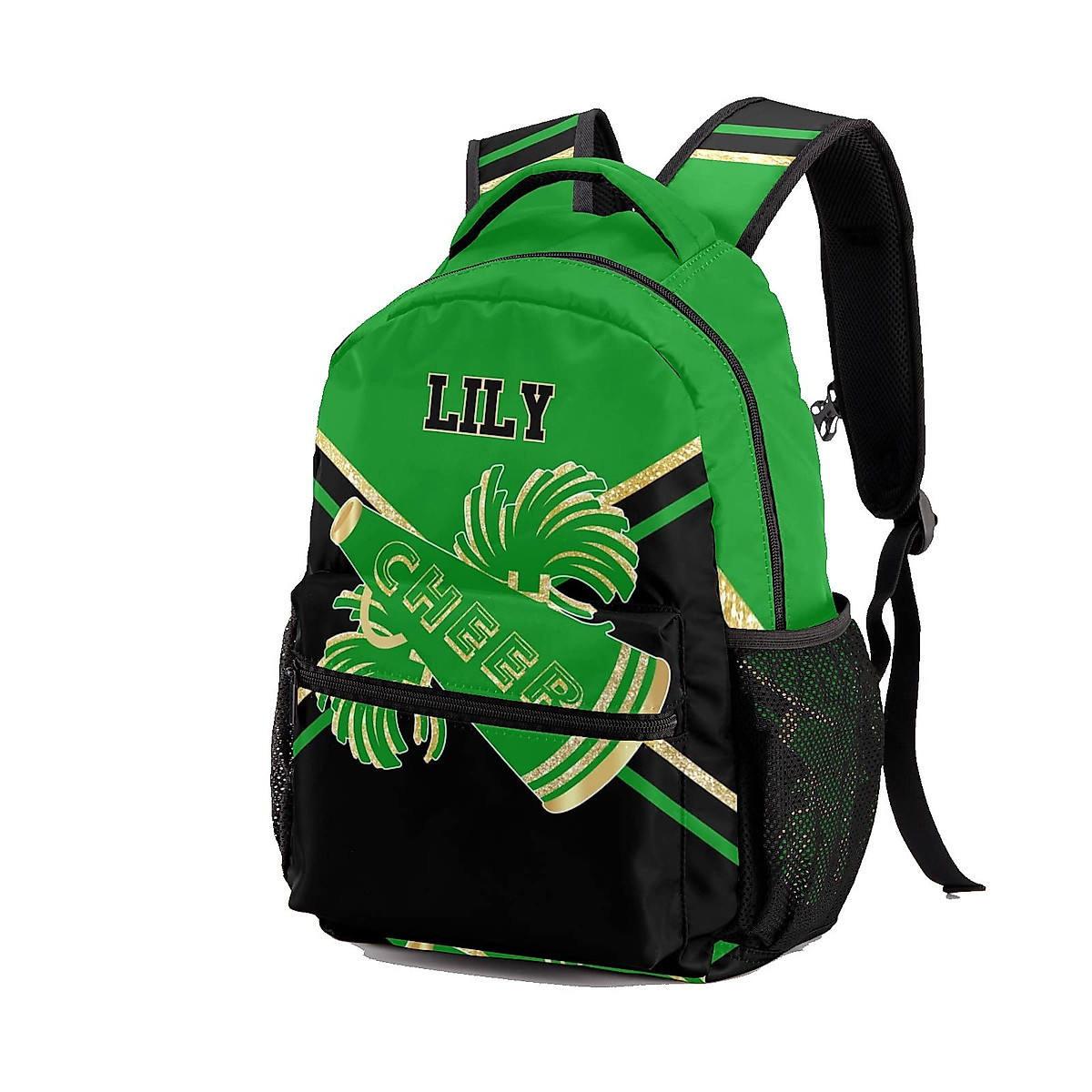 BigBigift Cheer Green Black Cheerleaders Backpack Shoulder Shopping Bag Travel Casual Bags with Name Text, 12.2(L)x5.9(W)x16.5(H)inch