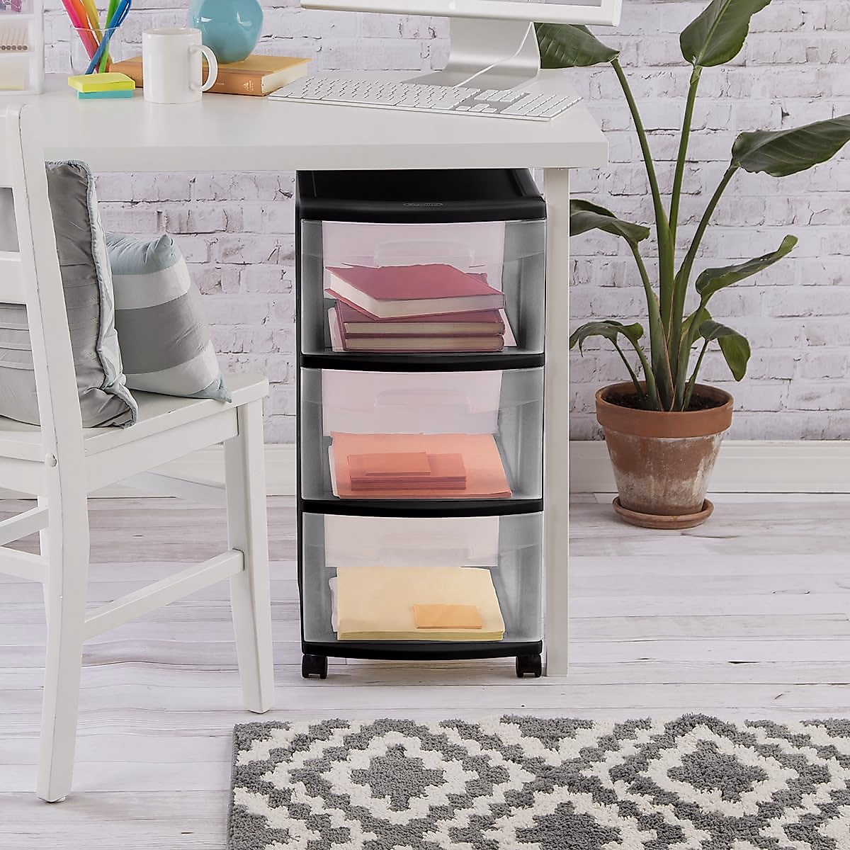 Plastic Drawer Storage Organizer 3 Drawer Plastic Cart Dorm Storage Shelves Containers With Drawer Unit w/Wheels for Art Supplies,Home,Closet,Bathroom,Office, Black with Clear Drawers, Adult