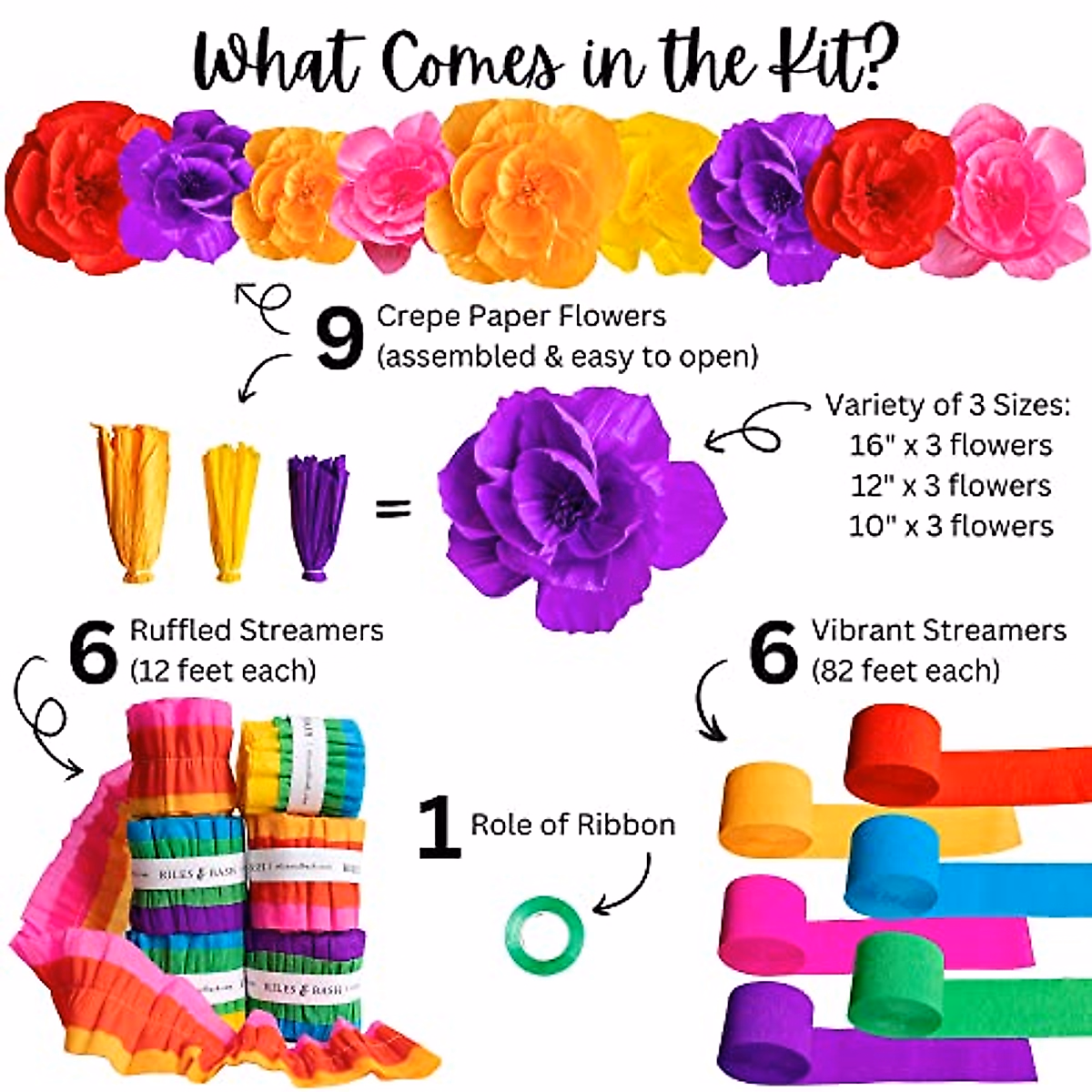 Riles & Bash Fiesta Streamer Backdrop with Crepe Paper Flowers and Ruffled Streamers (Fiesta)