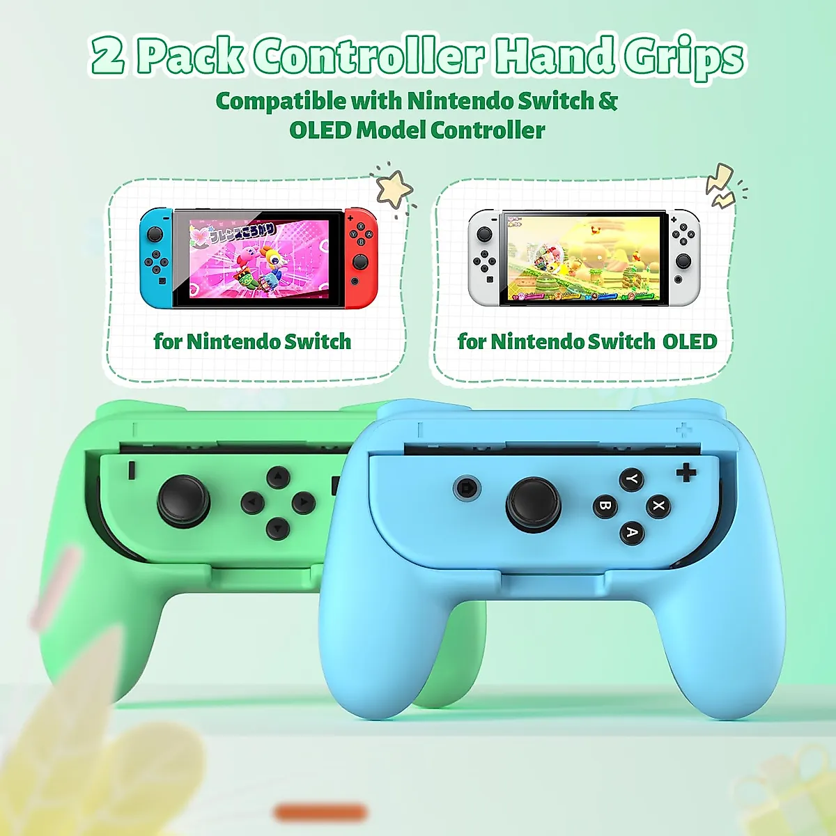 FASTSNAIL Grips Compatible with Nintendo Switch for Joy Con & OLED Model for Joycon, Wear-resistant Handle Kit Compatible with Joy Cons Controllers, 2 Pack(Light Green and Light Blue)