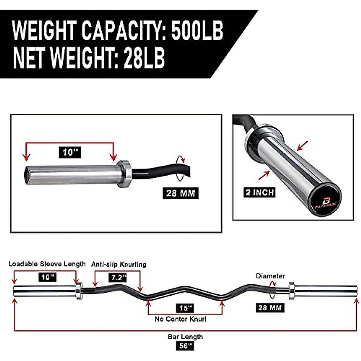papababe 56'' Olympic Curl Bar, EZ Curl Barbell, 500 LB Weight Capacity Galvanized Lifting Bar for Strength Training, Biceps Curl and Triceps Extensions, Workout Barbell Super Suitable for Weightlifting, Hip Thrusts,Squats and Lunges