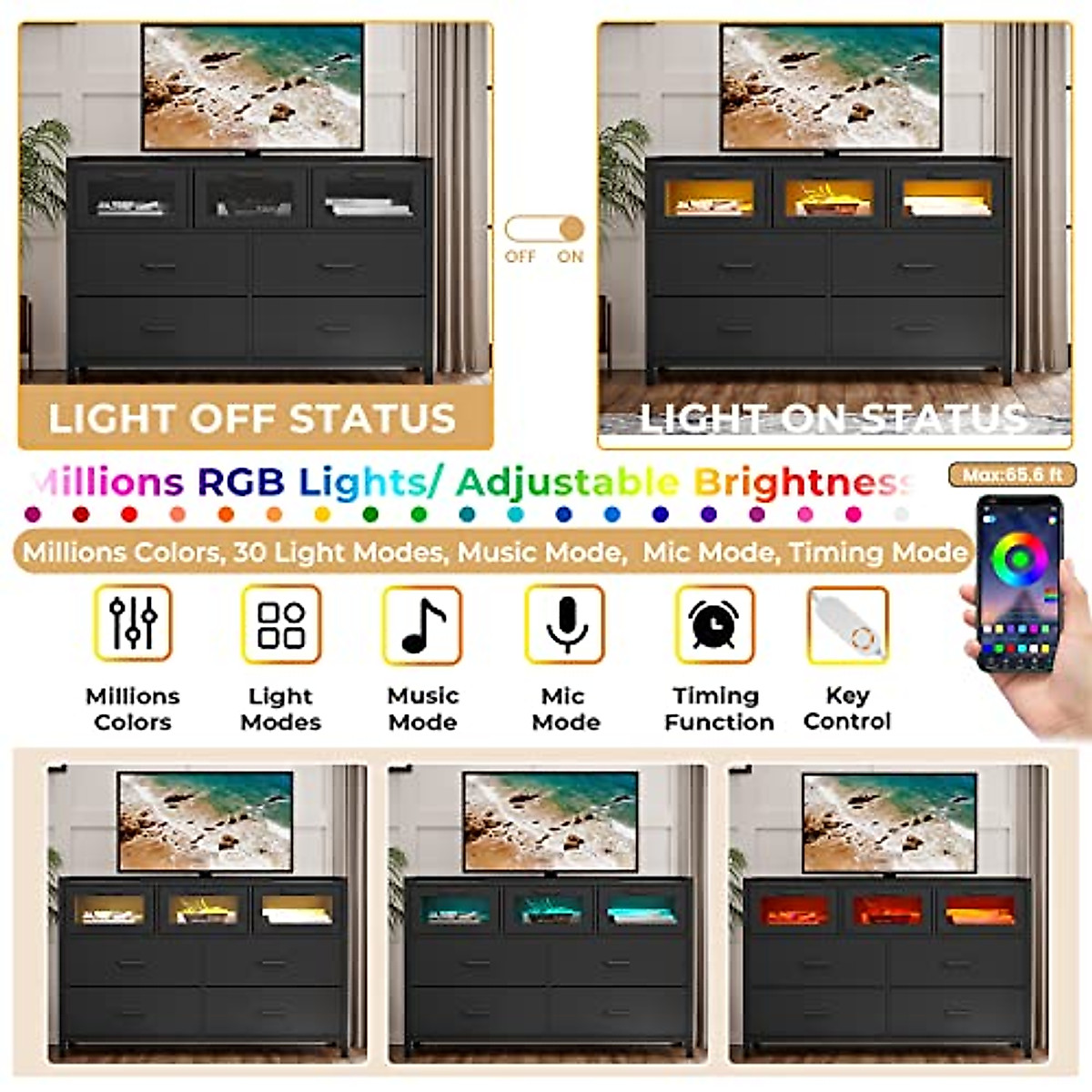 VIAGDO Black Dresser for Bedroom,7 Drawer Dressers with LED Lights, Dressers & Chests of Drawers, Bedroom Closet Wooden Long Kids Dresser for Bedroom, Kids Room, Hallway (DG1201-B)