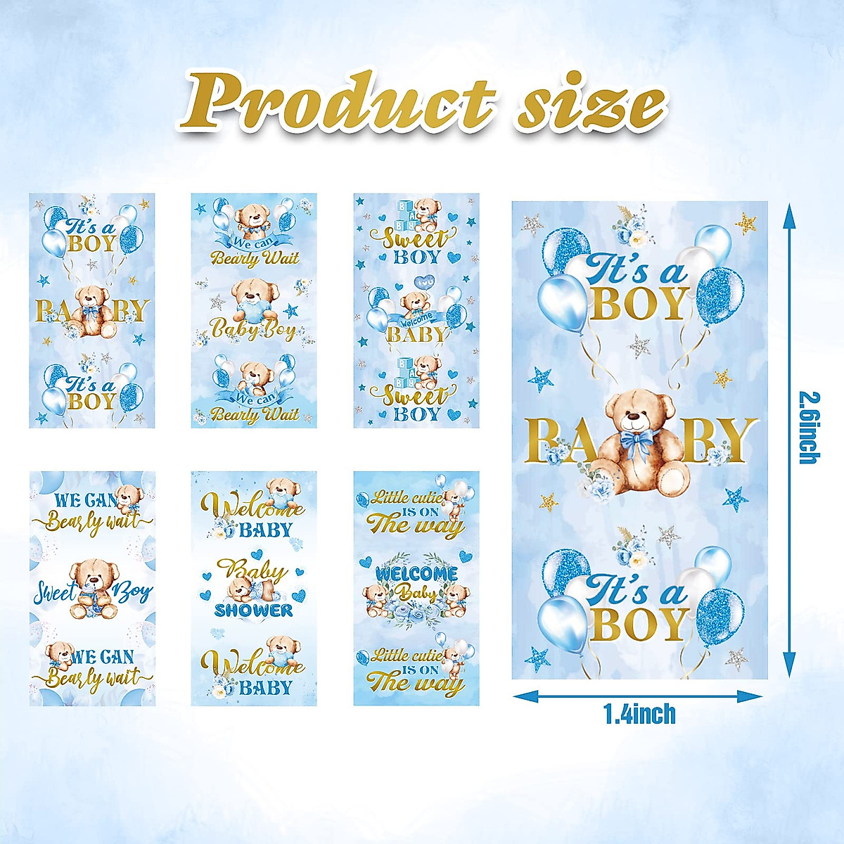 Baby Shower Candy Wrappers, Shower Mini Candy Bar Miniatures Wrappers Chocolate Bar Label Stickers for Boys Girls Kids Baby Shower Decor (No Candy)(Blue Bear, 90 Pieces)