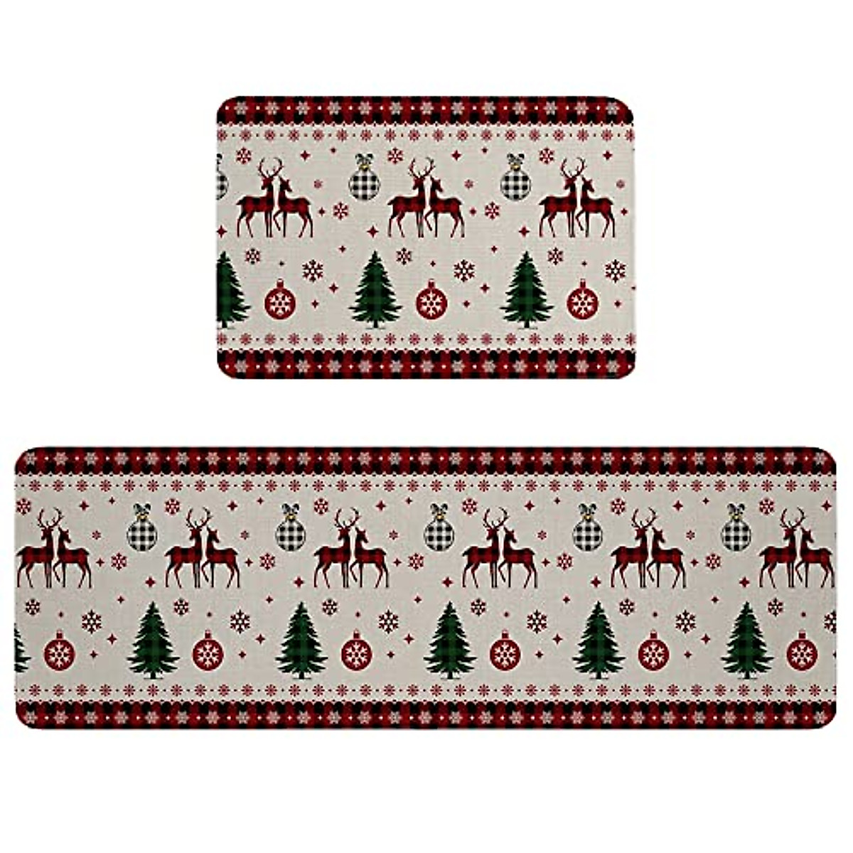 Kitchen Mat Rug Set of 2 Christmas Trees Snowflake Elks Black and Red Plaid Buffalo Beige Runner Rug Anti-Fatigue Comfort Memory Foam Standing Mat Non-Slip Floor Door Mat for Bedroom 16x24n+16x47in