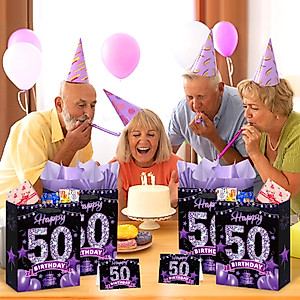 Black Purple 50th Birthday Gift Bag with Happy 50th Birthday Greeting Card and Tissue Paper for Women Black Purple 50th Birthday Gift Wrap Bag with Handles for 50th Birthday Party Decorations Supplies
