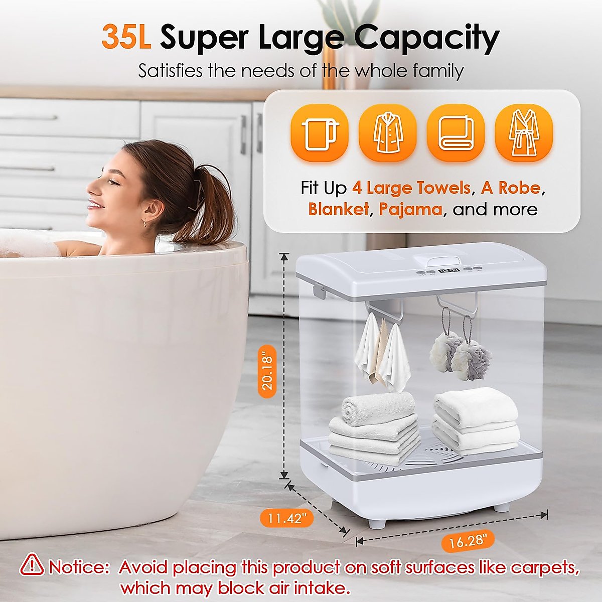FEPPO Towel Warmer - 10 Gallon (35L) Large Capacity Luxury Towel Warmers for Bathroom with 2-in-1 Heating and Drying Functions, Timer/Delay, LED Display - Ideal for Oversized Towels, Bathrobes, PJ's