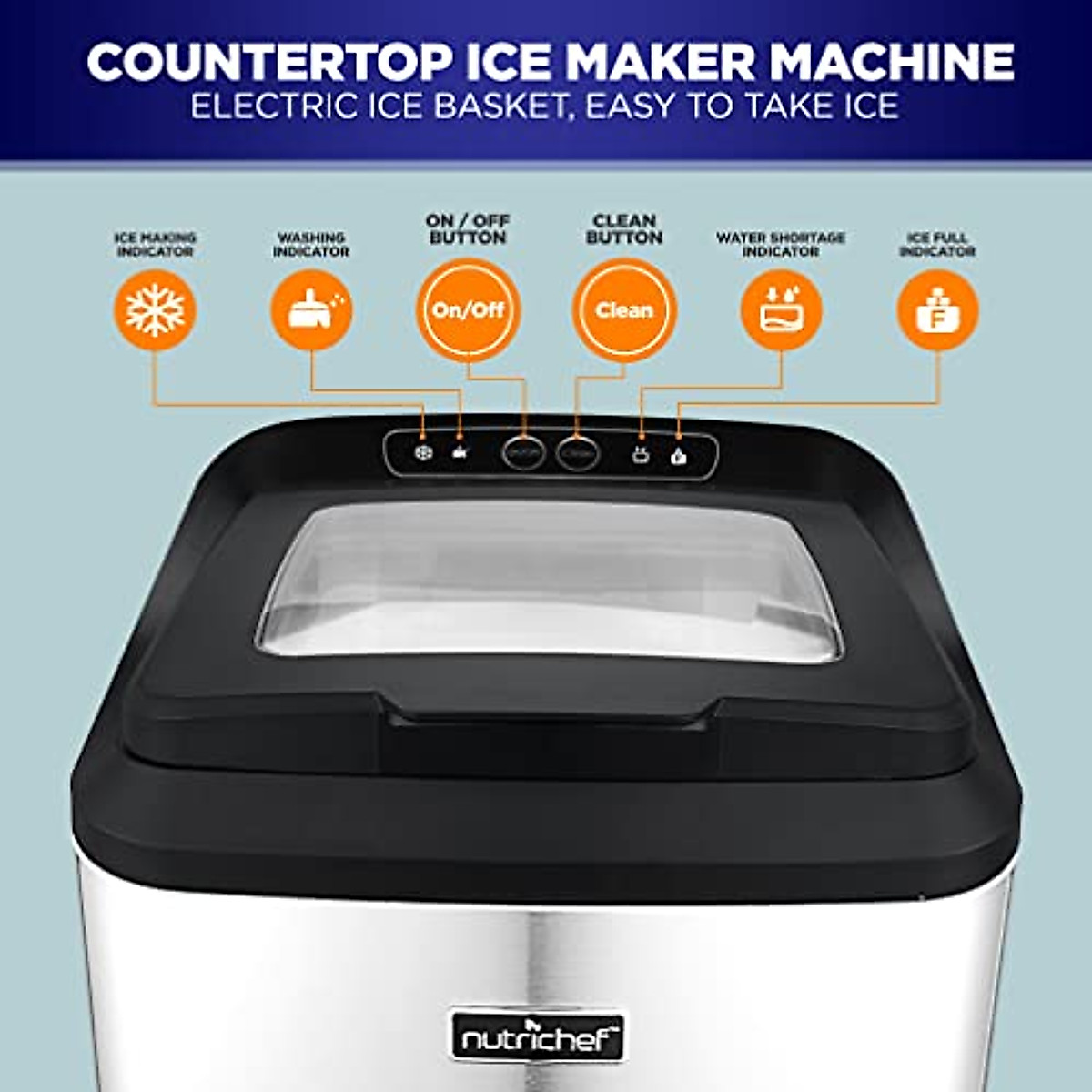 NutriChef Countertop Nugget Ice Maker Machine - Electric Nugget Ice Maker Countertop with Ice Scoop and Basket, Includes Rear-Mounted Hose Drainage, Compact, Convenient, and Incredibly Fast - NCICNUG