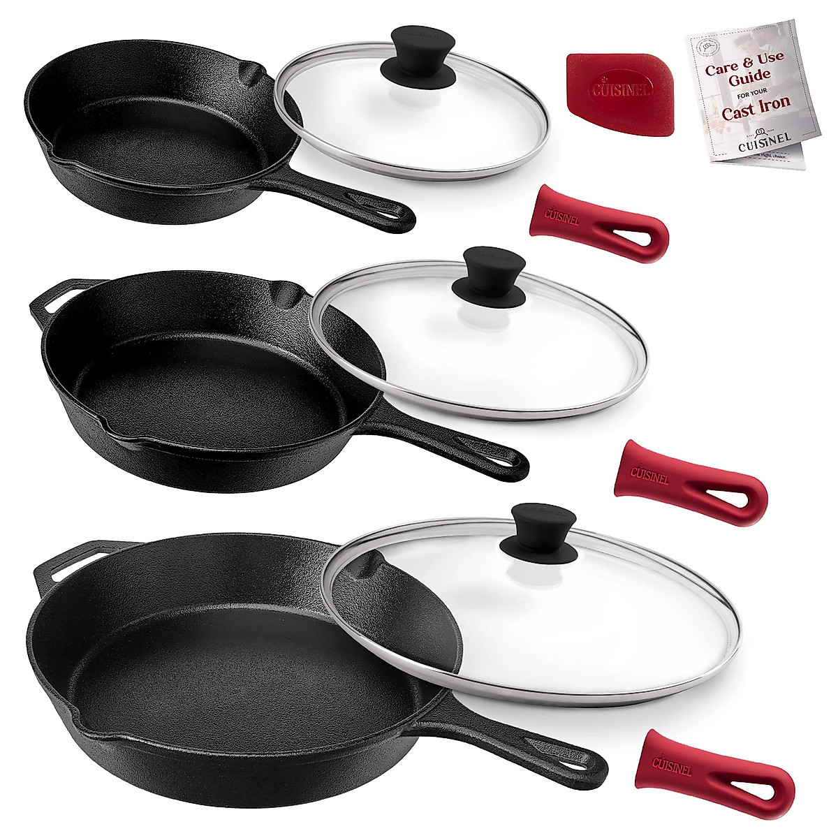 Cuisinel 8"+10"+12"-Inch Cast Iron Skillets Set with Glass Lids + Silicone Handle Holder Covers + Pan Scraper - Pre-Seasoned Oven Cookware - Use Indoor/Outdoor, Grill, Stovetop, Camping Fire, Oven