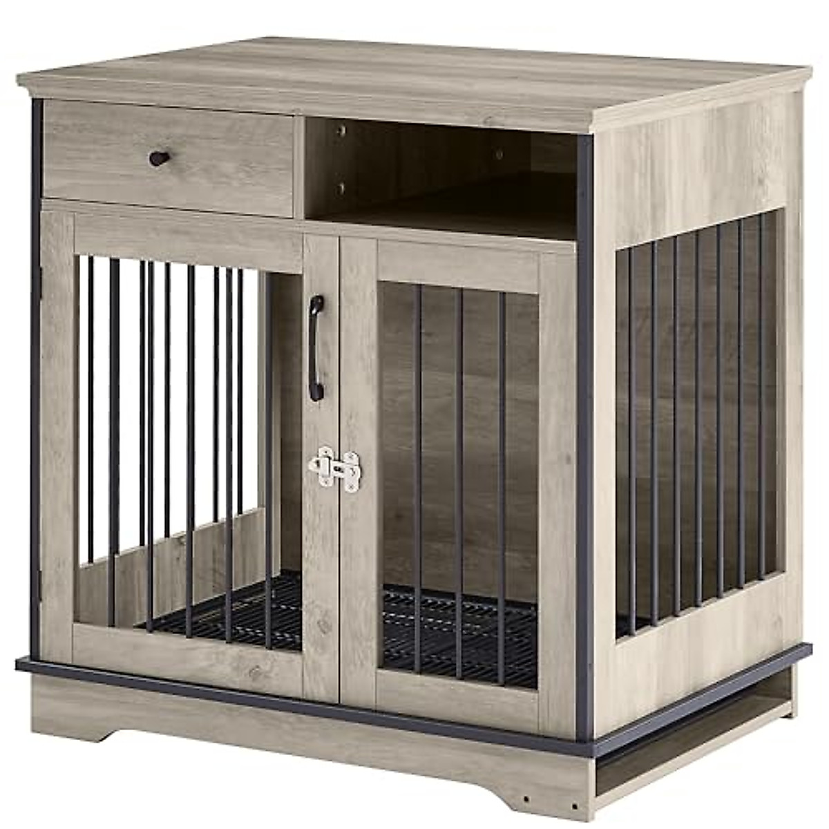DOSSMBOLA 32'' Wooden Dog Crate Furniture for Medium Small Dogs, Dog Kennel Dog Crate with Pull-Out Tray, Storage Drawer, End Table Dog Cage - Gray