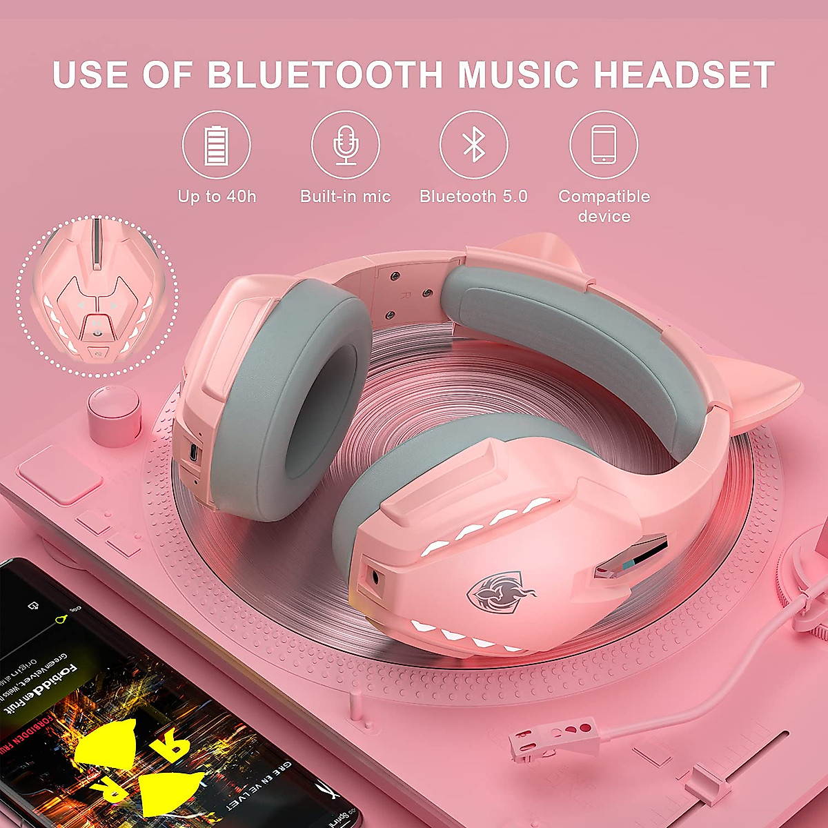 PHOINIKAS PS5 Gaming Headset for PS4, PC, Switch, Q10 Xbox One Headset with Stereo Sound, Detachable Mic, Wireless Bluetooth 5.3 Headphone only for Laptop/Phone/Tablet, 40H Plyatime (Pink)