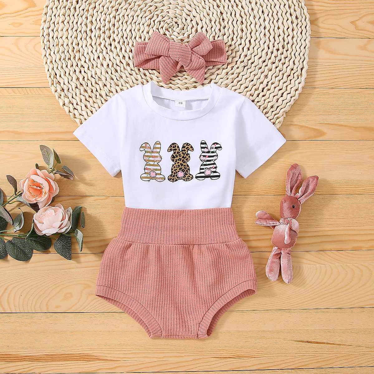 Fernvia Infant Baby Girls Easter Outfits Short Sleeve Rabbit Print Romper Elastic Waist Shorts with Hairband 3Pcs Clothes Set (A Pink, 6-12 Months)