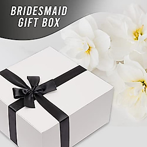 Set of 6 Glossy Laminated Gift Boxes, Boxes For Wrapping Gifts 8x8x4 Inches, Gift Boxes For Presents Includes 1 White Shredded Filling Paper Bag and 1 Black Satin Ribbon, Gift Box in Color White.