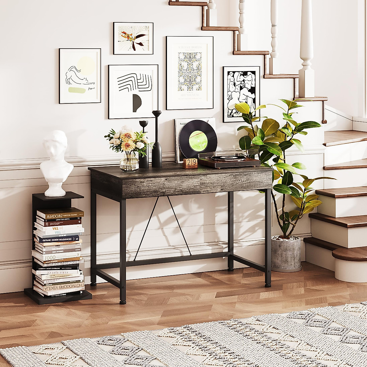 Mexin Small Desk with 2 Wooden Drawers, 40 Inch Home Office Writing Desk, Vanity Desk with Storage, Computer Desk for Bedroom Small Spaces, Desk Table for Office, Kids Study, Makeup, Grey Oak