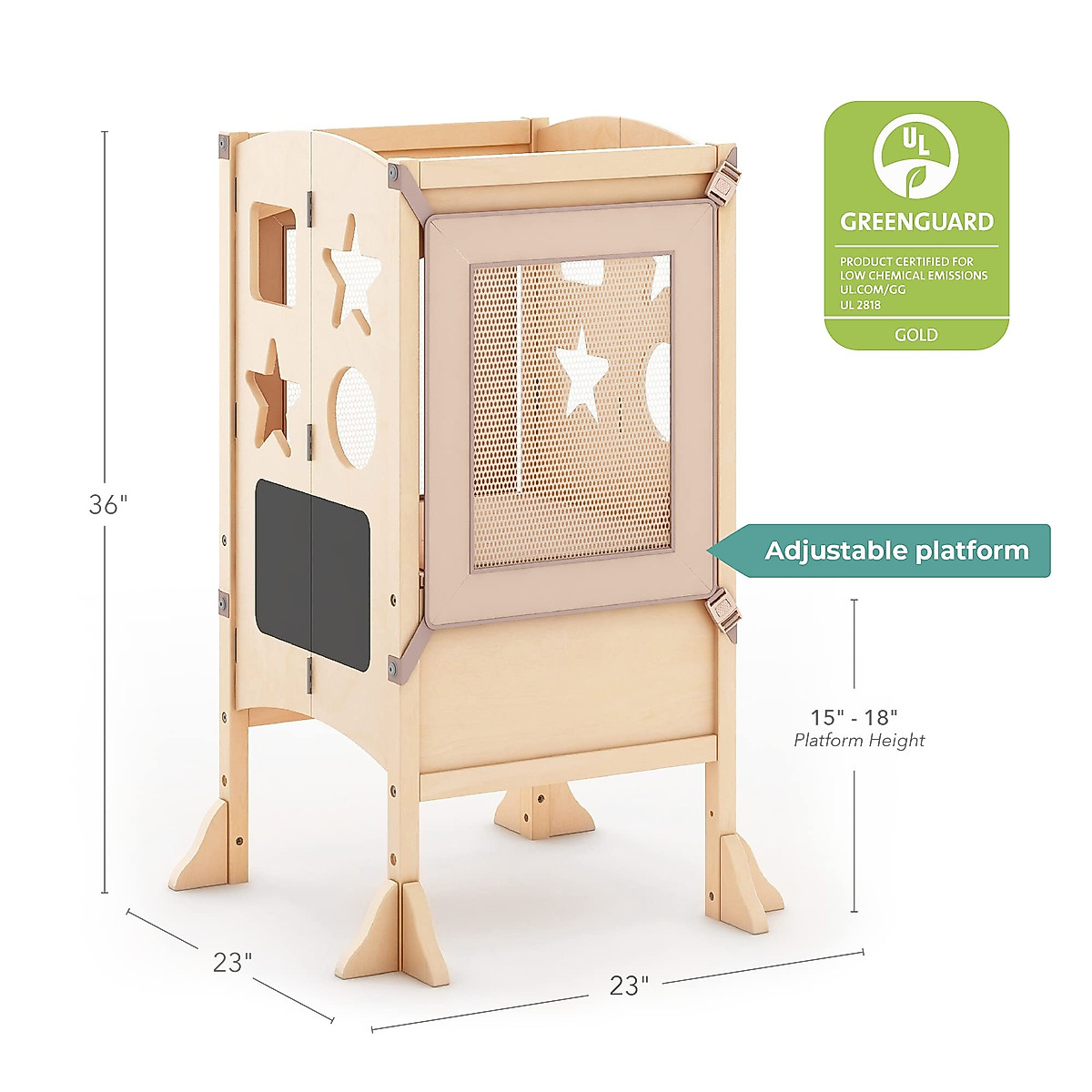 Guidecraft Classic Kitchen Helper® Toddler Tower and 2 Keepers - Natural: Folding Wooden Adjustable Height Platform, Kitchen Montessori Learning Step Stool, Chalkboard, Supports Up to 125lbs