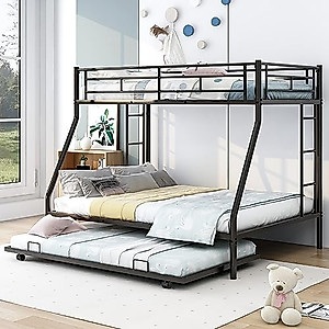 Merax Twin Over Full Triple Bunk Bed with Trundle:Triple Bunk Beds, Sturdy Steel Bunk Beds Frame for 3 Kids/Teens with Two Side Ladders and Safety Guard Rail,Black