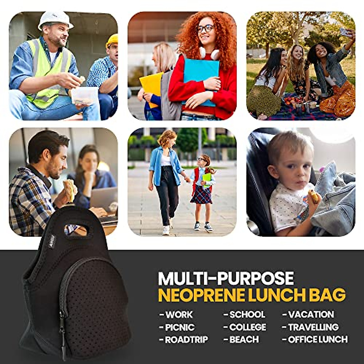 ANGU Neoprene Lunch Bag with Pocket - Keep Your Lunch Nice and Chilled - Washable Lunch Bags Made of Durable 5mm Neoprene - Quality YKK Zippers will Never Break - Soft Cotton Feel (Black)