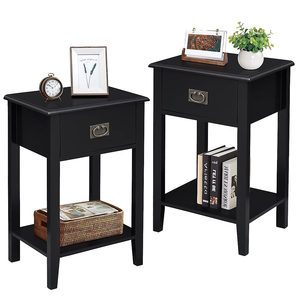 VECELO Nightstands Set of 2 End/Side Tables Living Room Bedroom Bedside, Vintage Accent Furniture Small Space, Solid Wood Legs, One Drawer, Black