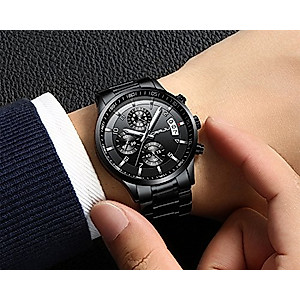CRRJU Men's Black Watch Fashion Business Chronograph Quartz Wristwatches,Luxury Stainsteel Steel Band Waterproof Watch for Men