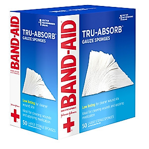 Band-Aid Brand First Aid Products Tru-Absorb Sterile Gauze Sponges for Cleaning and Cushioning Minor Wounds, Cuts & Burns, Low-Lint Design, Individually Wrapped 4 in by 4 in Pads