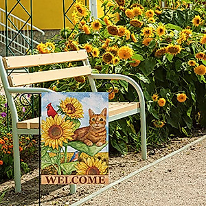 Furiaz Cat Cardinal Sunflower Welcome Spring Decorative Small Garden Flag, Summer Yard Orange Kitty Tabby Red Bird Outside Decoration, Fall Autumn Outdoor Burlap Decor Double Sided 12 x 18