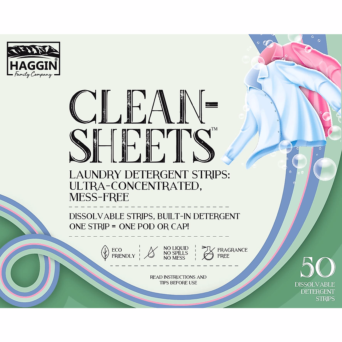 Haggin® CleanSheets Laundry Detergent Strips, 50 Value Pack | Ultra-concentrated | Mess-free | Fragrance-free | Bleach-free