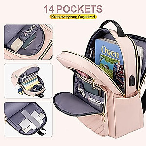 Bonioka Laptop Backpack for Women, Laptop Bag Travel Backpacks for Work Travel 15.6 Inch with USB Charing Port Luggage Strap Pink