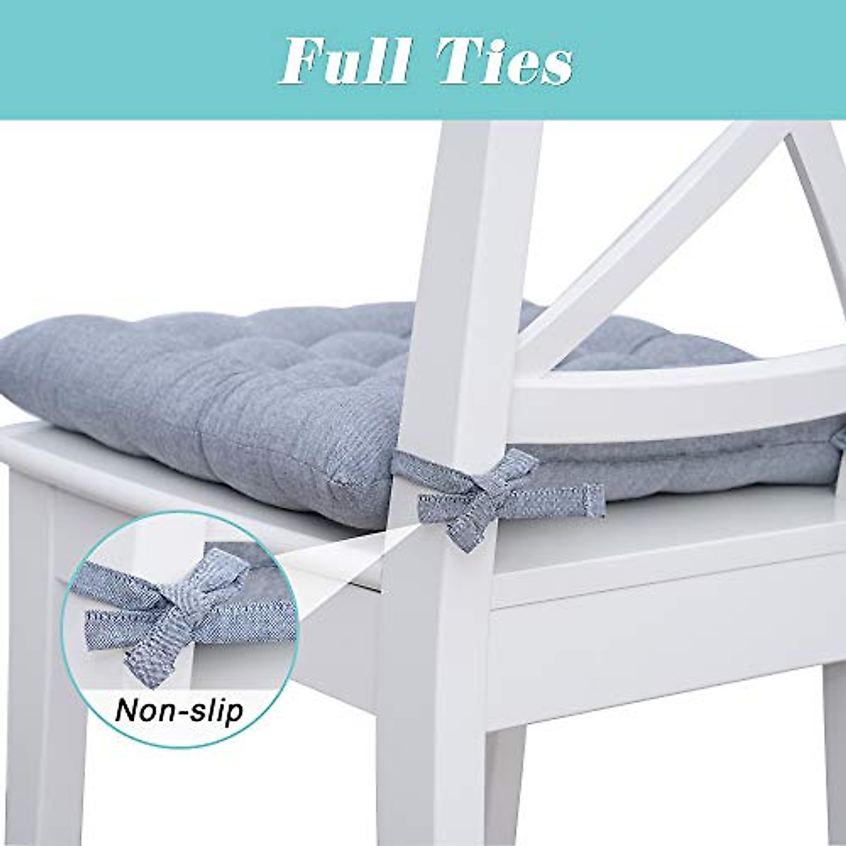 RECYCO Chair Cushions for Dining Chairs 4 Pack, Square Thick Chair Pads with Ties Non Slip, Soft and Comfortable Seat Cushion for Kitchen Dining Office Chair, 15.7" x 15.7", Gray