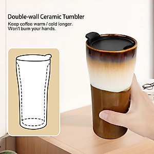 Kopmath Double Wall Ceramic Coffee Mug with Lid, 15oz Large Insulated Travel Coffee Mugs, Splash Resistant, Dishwasher Microwave Safe, Portable Coffee Cup for Car Cup Holder, Unique Gift