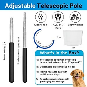 PetTest i-Catch Telescoping Dog Urine Catcher - 45-inch Extendable Dog Pee Stick Collector and Telescopic Pole Handle for Small and Large Breeds - Includes a Reusable Cup with Milliliter Markings