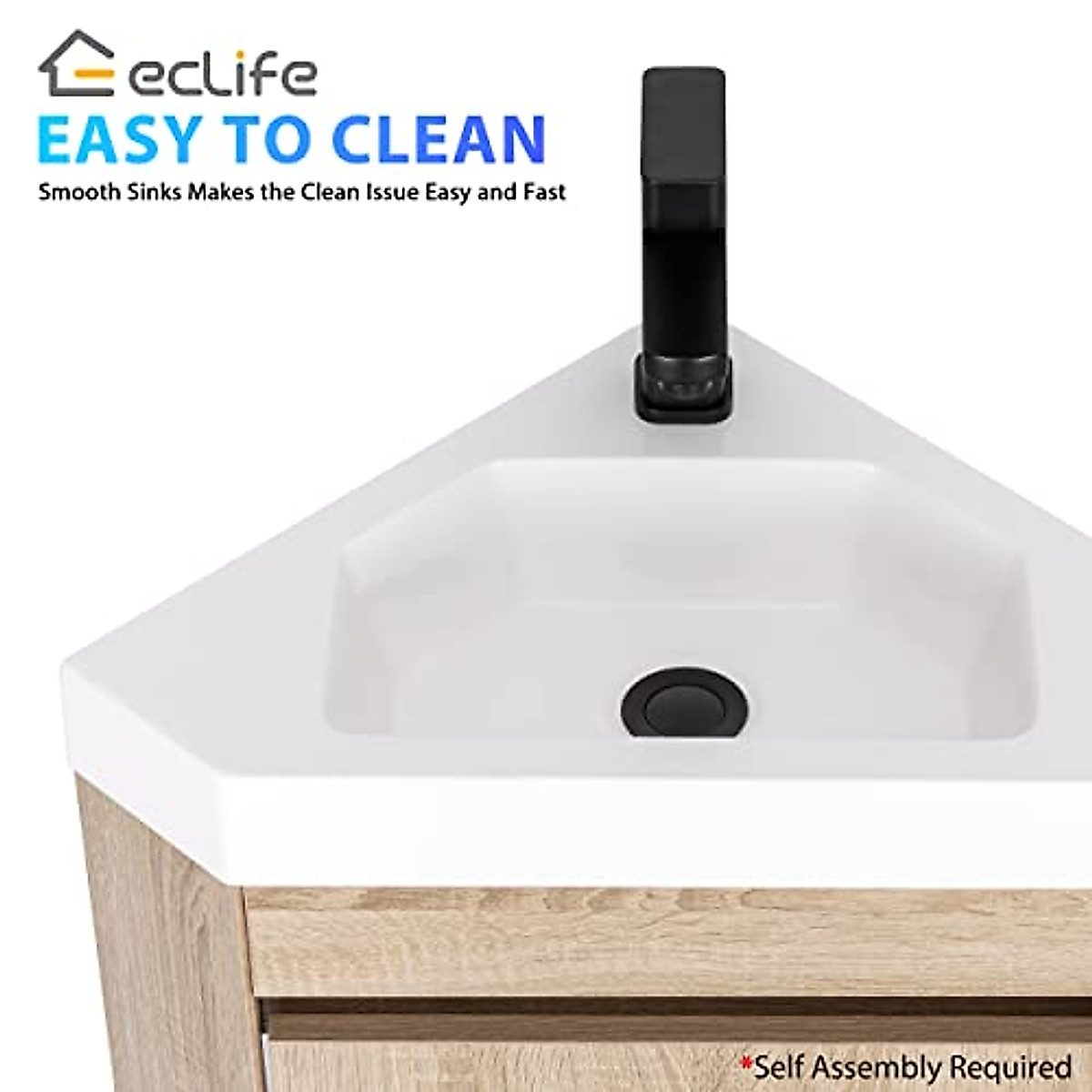 eclife 22" Corner Bathroom Vanity Sink Combo for Small Space Wall Mounted Floating Cabinet with White Resin Sink and Matte Black Faucet, Oak