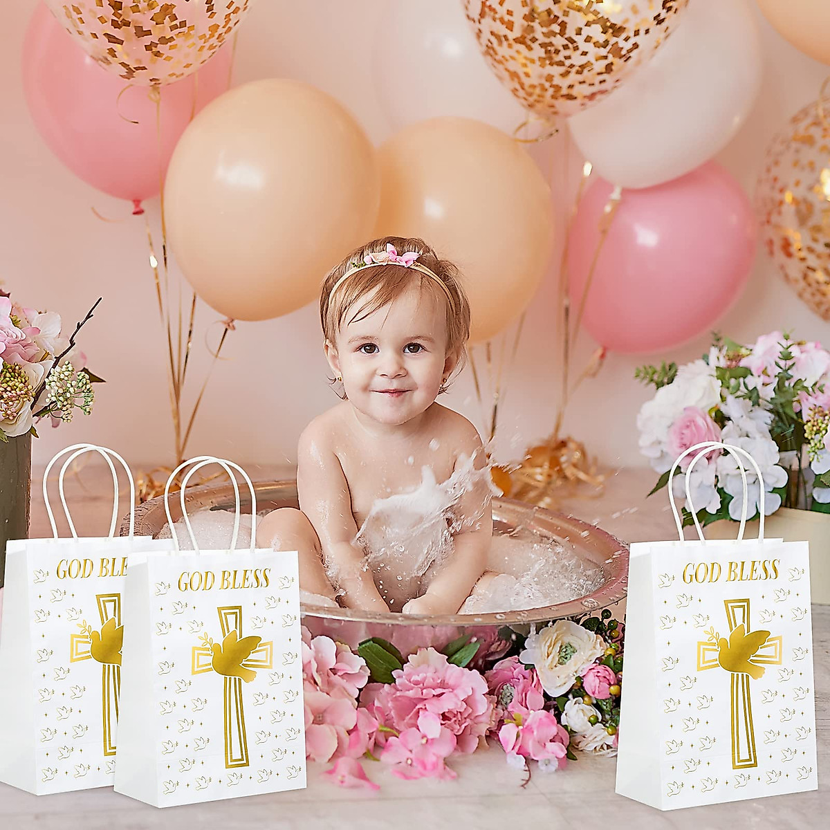 PerKoop 36 Pack First Communion Gift Bags for Boys and Girls Small Religious Party Favor Bags Paper Baptism Candy Bags for Baby Shower Christenings Weddings Confirmations, 8.66 x 6.3 x 3.15 Inch