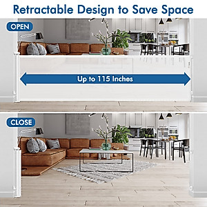 115 Inch Wide Baby Gate Retractable Dog Gate for Extra Wide Openings Extra Long Baby Gate Upgrade Pet Gates for Dogs Indoor Outdoor Retractable Baby Gates Large Baby Gate for Stairs, Doorways, White