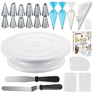 Kootek Cake Decorating Kits Supplies with Cake Turntable, 12 Numbered Cake Decorating Tips, 2 Icing Spatula, 3 Icing Smoother, 2 Silicone Piping Bag, 50 Disposable Pastry Bags and 1 Coupler