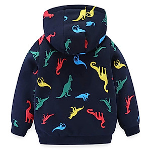 Funnymore Toddler Boy's Sherpa Fleece Lined Jacket,Navy Dinosaur Spring Fall Winter Warm Hoodie Coat Clothes 2t