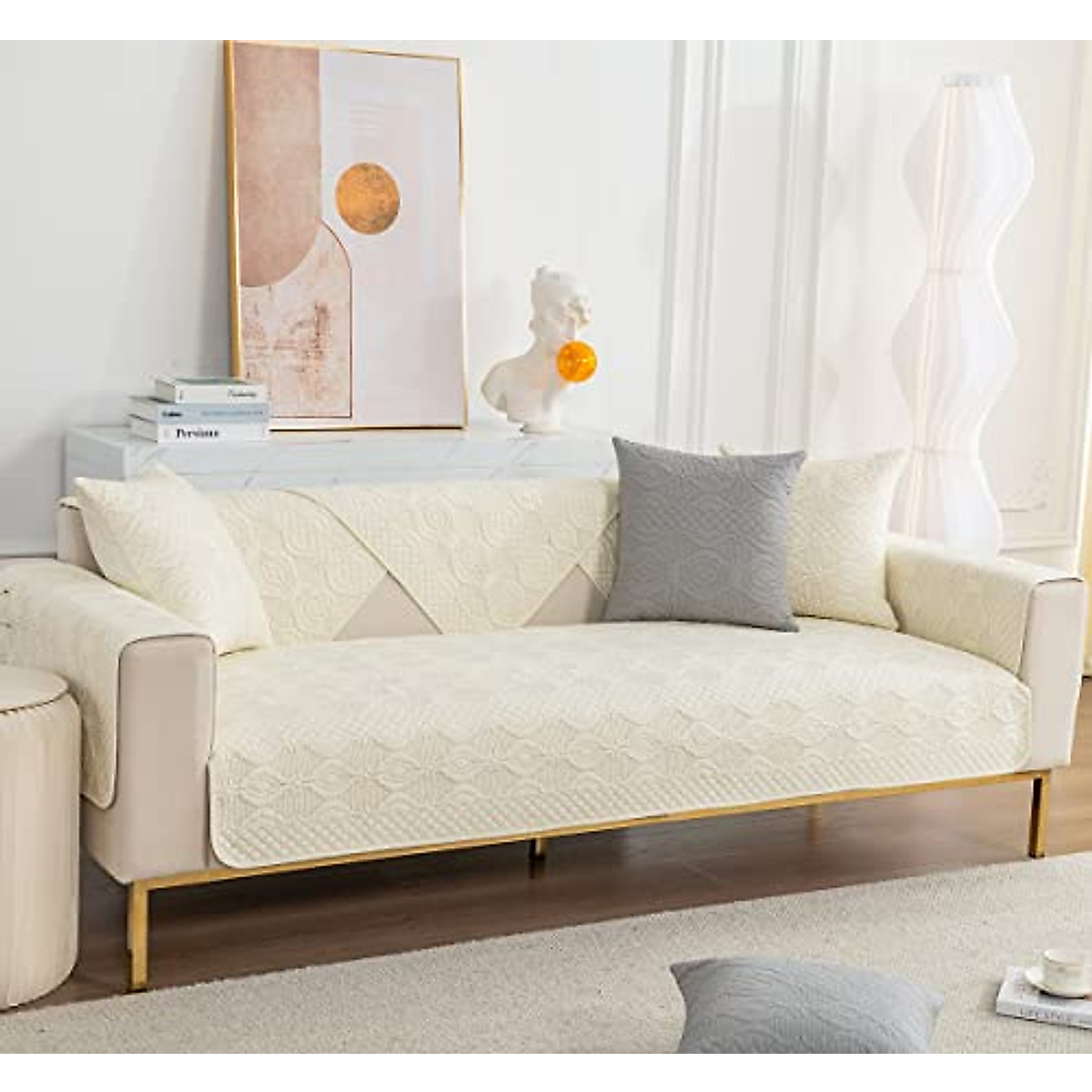 vctops Vintage Embroidered Cotton Sofa Couch Covers Soft Quilted Sectional Couch Cover Non Slip Sofa Slipcover for Dogs, Children, Pets Furniture Protector (Cream,36"x82")