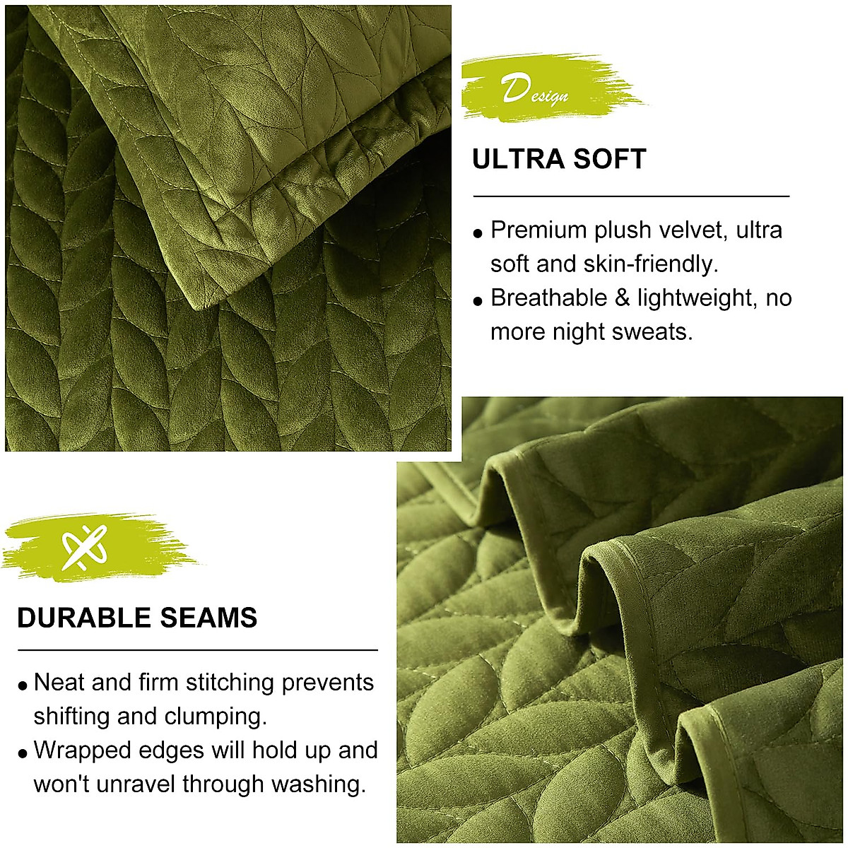 Ivellow Velvet Quilt Queen Size Green Lightweight Velvet Comforter Set Oversized Bedspread Coverlet Full for All Season 3Pcs Luxury Quilted Bedding