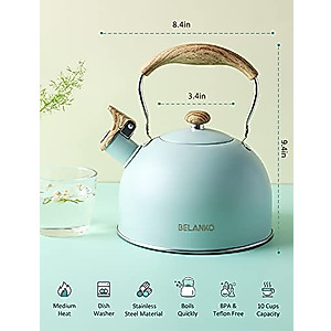 Tea Kettle, BELANKO 85 OZ / 2.5 Liter Whistling Tea Kettle, Tea Pots for Stove Top Food Grade Stainless Steel with Wood Pattern Folding Handle, Loud Whistle Kettle for Tea, Coffee, Milk - Turquoise