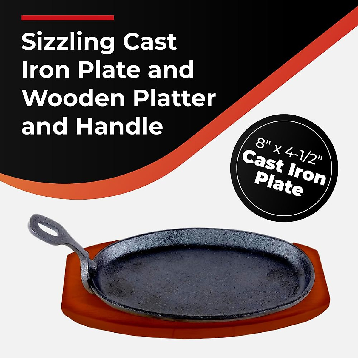 Cast Iron Steak or Fajita Plate 8 x 4 1/2 inside dimension w/ Wooden Holder and Handle