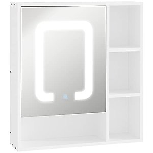kleankin LED Light Medicine Cabinet with Mirror Door, Wall-Mounted Bathroom Vanity Organizer with Dimmer Touch Switch, and USB Charge, White