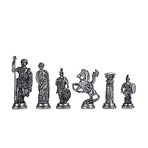 Historical Antique Copper Rome Figures Metal Chess Set for Adults, Handmade Pieces and Marble Design Wood Chess Board King 4 inc