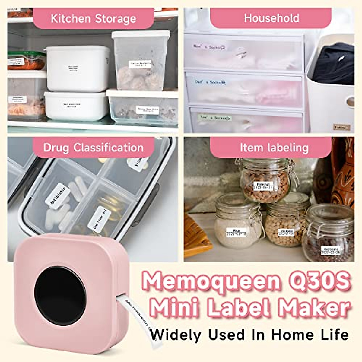 Memoqueen Label Makers Machine with 3 Tapes Q30S Handheld Bluetooth Mini Sticker Thermal Label Printer, Easy-to-Use for Home Office Organization, Rich Icon Font Multiple Templates,Pink